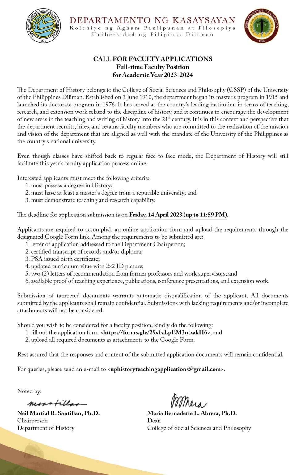 CALL FOR FACULTY APPLICATIONS_Full-time Faculty and Lecturer Positions for Academic Year 2023 ...